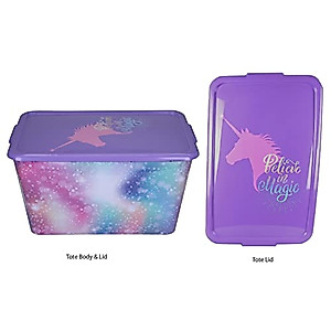 SIMPLYKLEEN 14.5-gal. Plastic Storage Containers with Rainbow Unicorn Print Lids, Reusable Stacking StorageChest for Girls, (4 Pack) Made in the USA