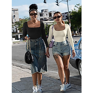 HYZ Women's Workout Square Neck Long Sleeve Y2k Slim Fit High Stretchy Basic Tunic Tops Black Beige