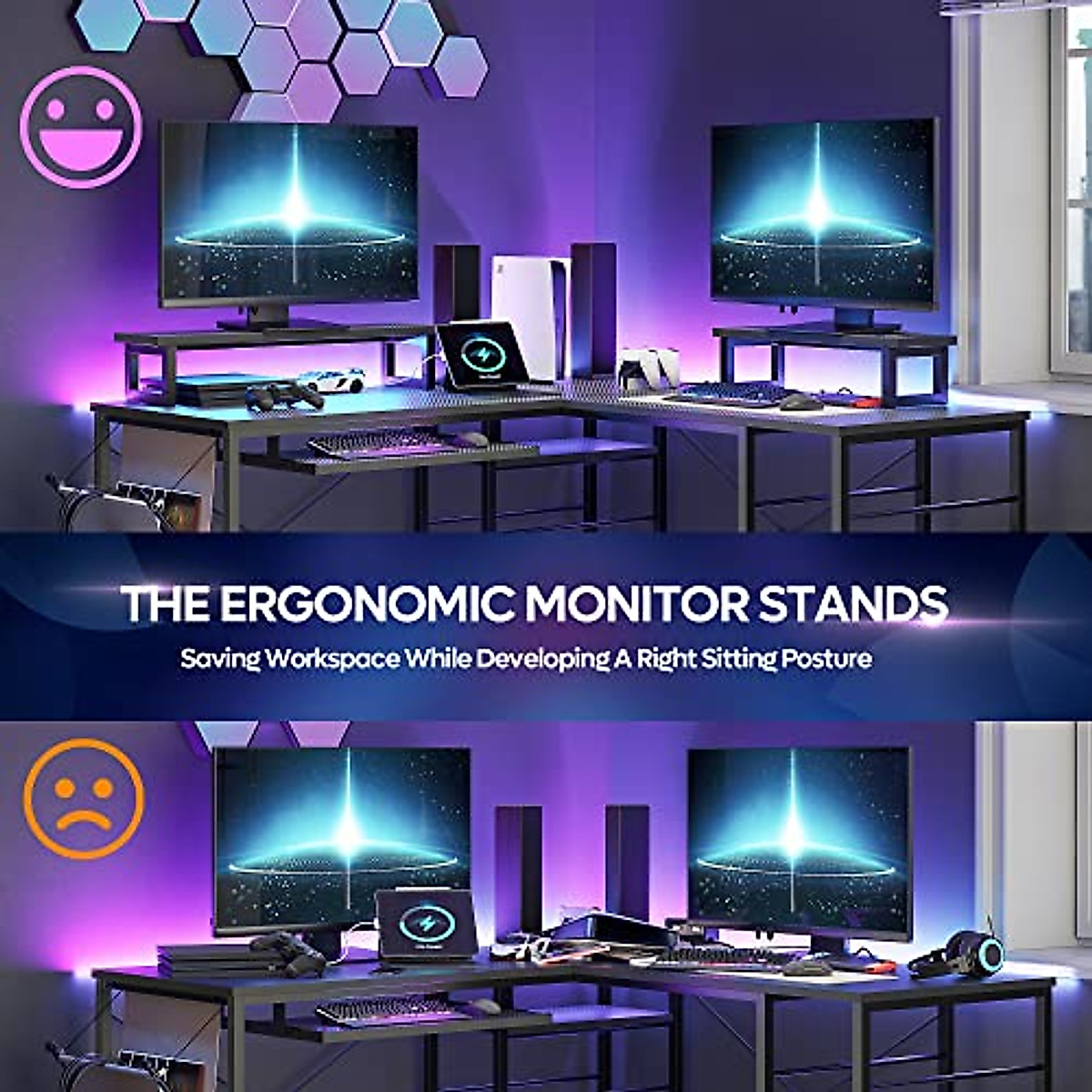 Bestier L Shaped Gaming Desk with Led Light 59.4 Inch Computer Corner Desk or 2 Person Long Table with Shelves Monitor Stand and Keyboard Tray for Home Office, Carbon Fiber Black