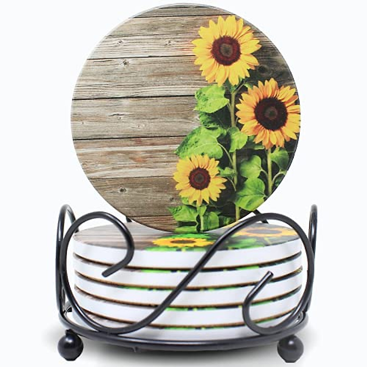 Sunflower Drink Coasters Set of 6 with Holder Absorbent Ceramic Coasters for Wooden Table, Farmhouse Rustic Coasters Cork Base Home Decor House Warming Gift
