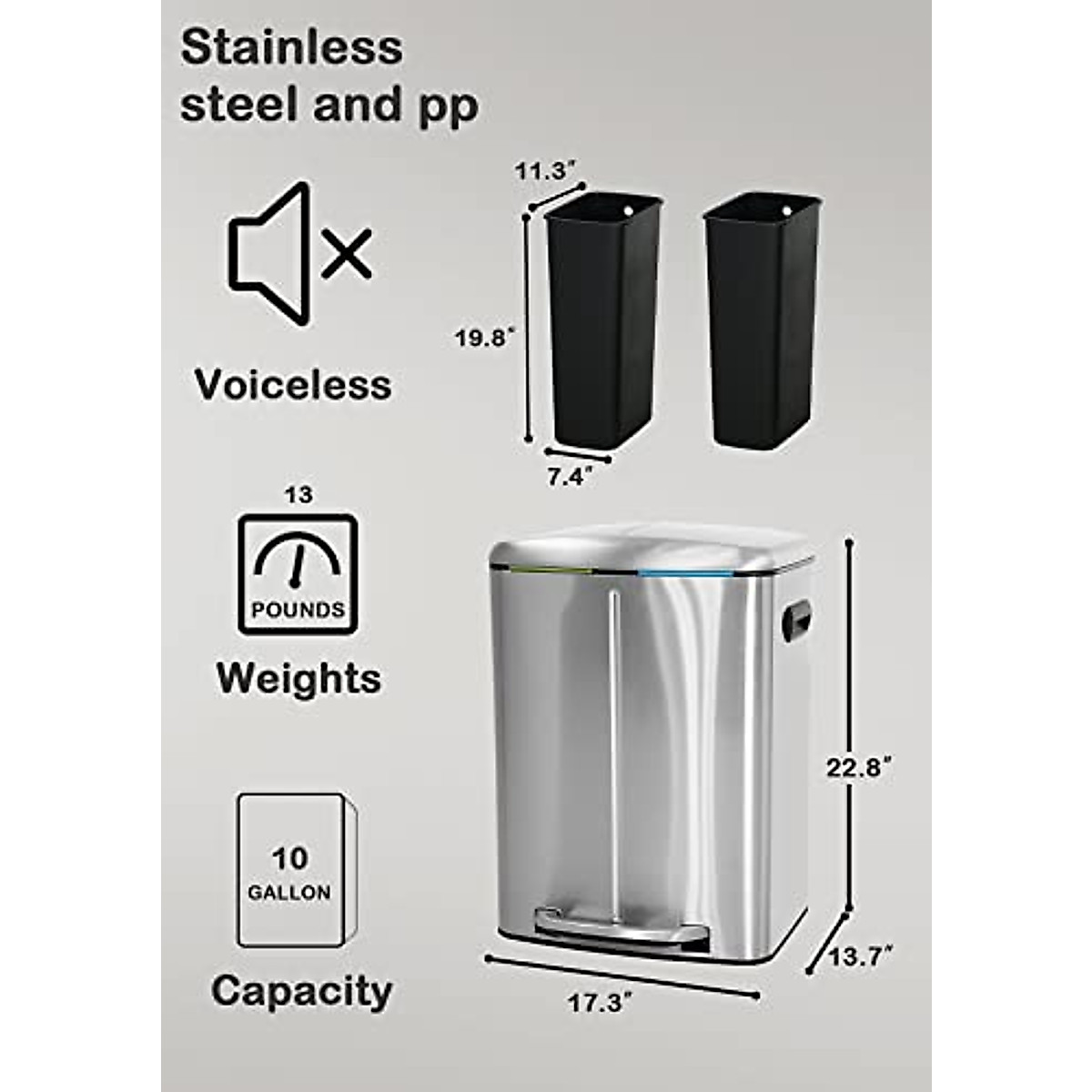 BIQWBIC 10 Gallon Dual Trash Can for Recycling and Trash, Stainless Steel Recycle Trash Can with 2 x 5 Gallon (40 L) Removable Inner Buckets, Pedal Recycling Bin for Kitchen, Soft Closure