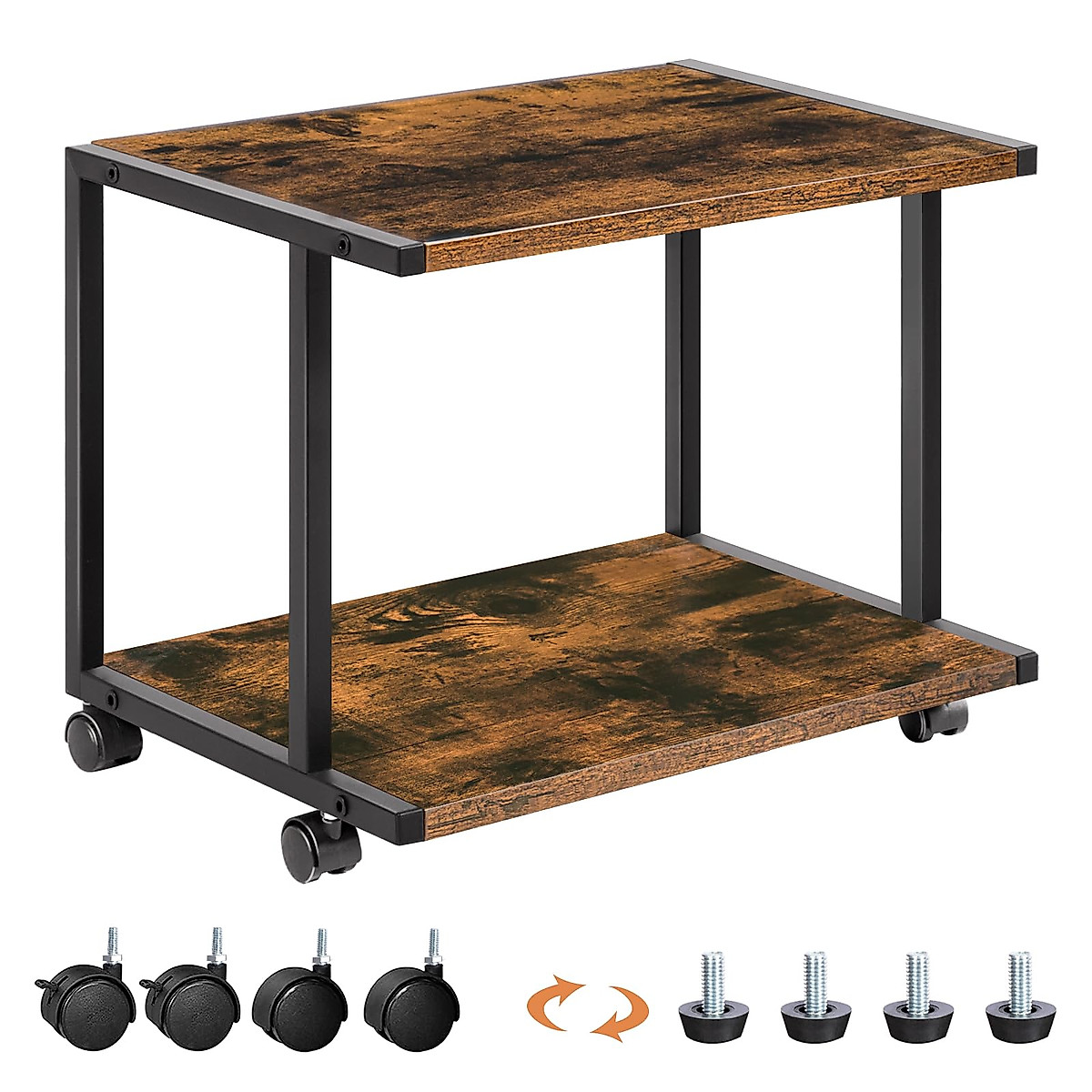 HOOBRO Industrial Printer Stand, 2-Tier Printer Cart with Storage, Printer Table With Adjustable Anti-Skid Feet, Under Desk Storage Cart on Wheels, for Home and Office, Rustic Brown and Black BF42PS01