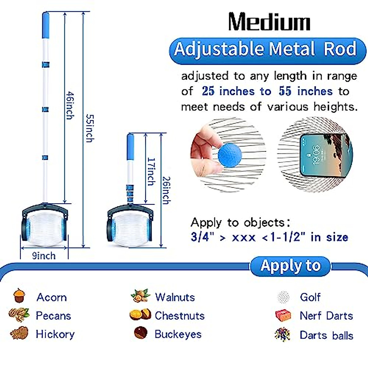 Zozen Nut Gatherer, Walnut Picker Upper Roller, Pecan Picker Upper - Side Opening Dump | Apply to Walnut, Pecan, Hickory, Chestnuts, Buckeyes, Nerf Balls, Golf, Objects Size 3/4'' to 1.5''; 1 Gallon