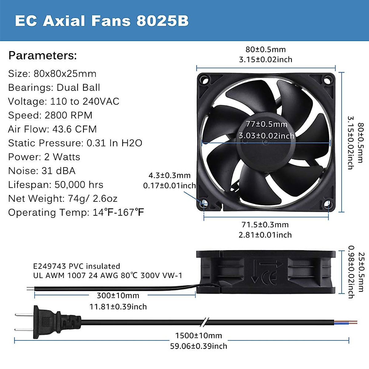 GDSTIME EC Cooling Fan 80mm x 80mm x 25mm AC 110V 115V 120V 220V 240V