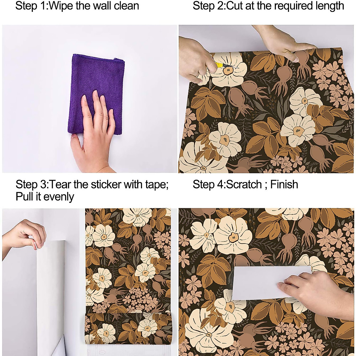 UniGoos Beige Flowers Peel and Stick Wallpaper Brown Leaves Temporary Wall Paper Roll Modern Self Adhesive Contact Paper for Cabinet Kids Room DIY Decor 17.7" x 118.1"