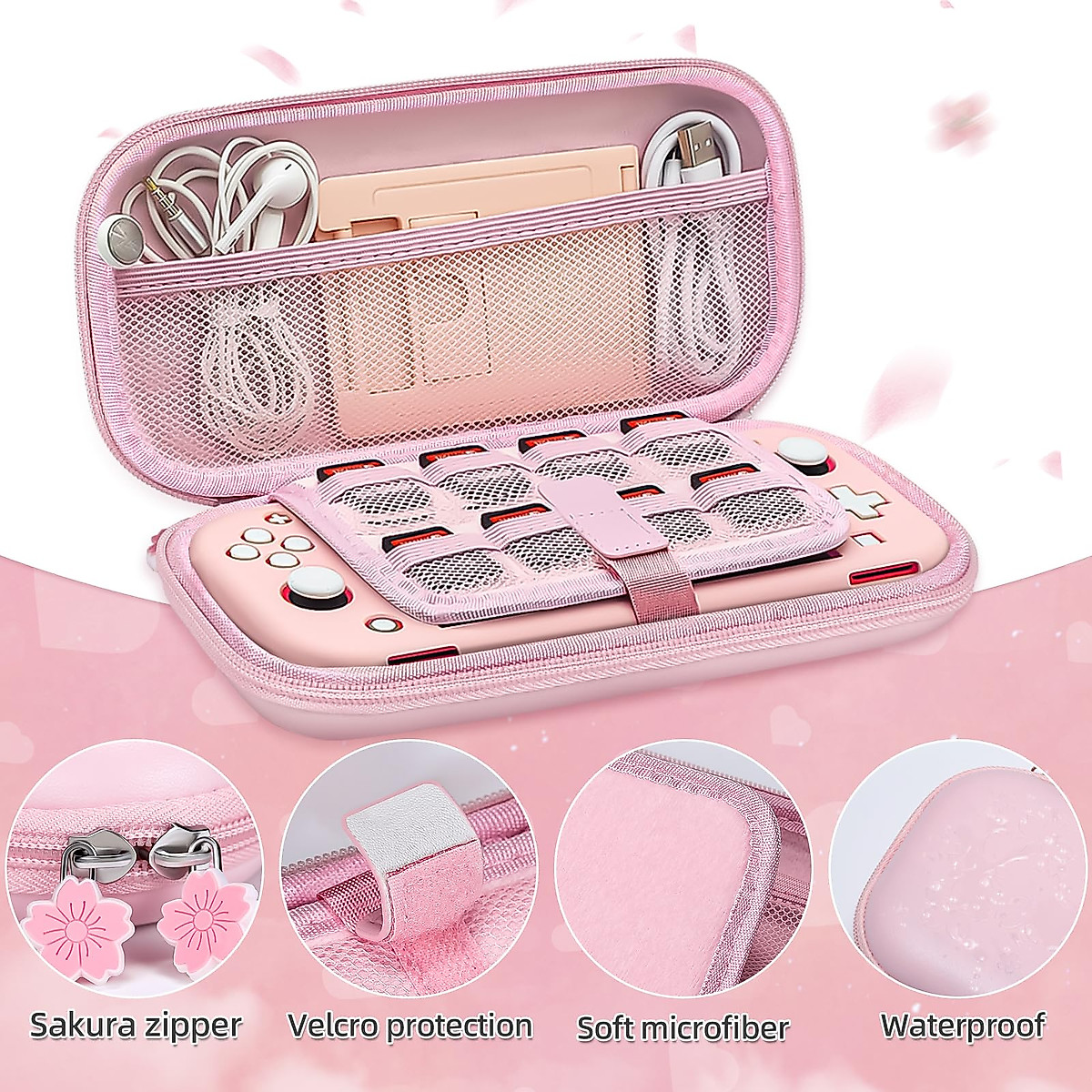 BRHE Pink Travel Carrying Case Accessories Kit for Switch Lite, Hard Protective Cover Skin Shell with Stand, Glass Screen Protector, Thumb Grip Caps 9 in 1