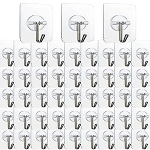 KAKAMINA 100 Pack Adhesive Hooks Wall Hooks 24lb(Max) Heavy Duty Self Adhesive Hooks,Transparent Reusable Adhesive Wall Hooks for Hanging for Kitchens, Bathroom, Office