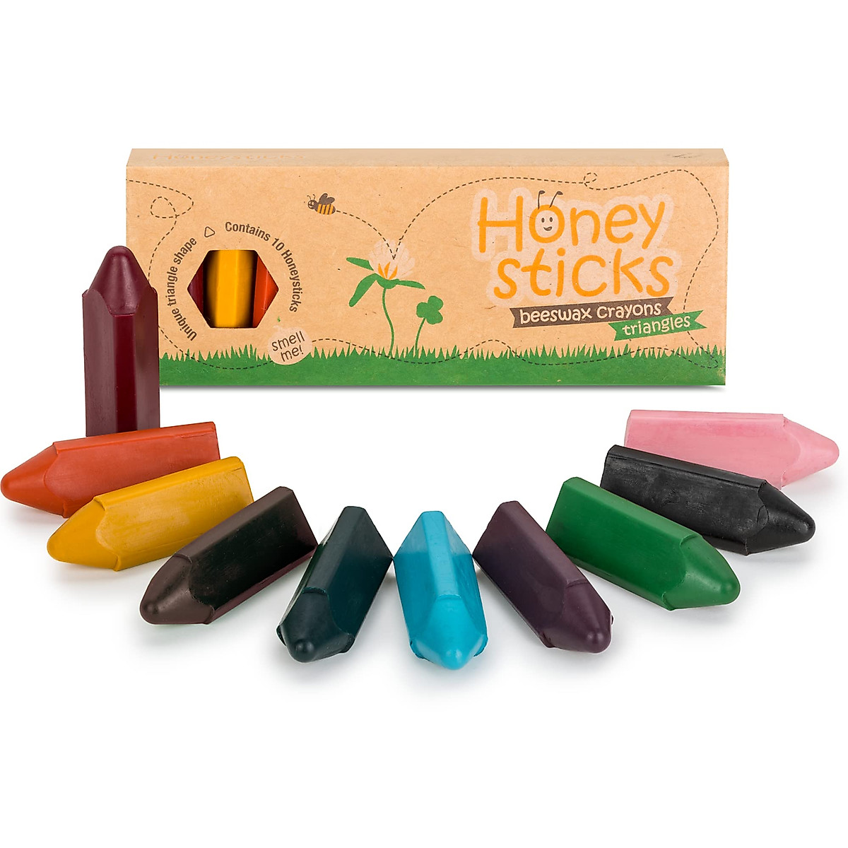 Honeysticks Triangular Crayons (10 Pack) - 100% Pure Beeswax, Food Grade Colors, Non Toxic Crayons for Baby, Toddlers ages 1-3,2-4, Triangle Shape for Pencil Grip Development. Handmade in New Zealand