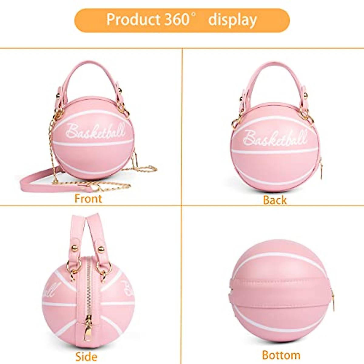Obovoid Women's basketball bag Basketball-Shaped Crossbody Bag Handbag Girl Mini One-Shoulder PU Leather Round Handbag (pink 1)