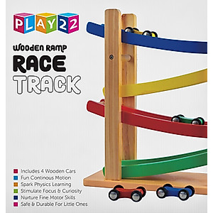 Play22 Wooden Car Ramps Race - 4 Level Toy Car Ramp Race Track includes 4 Wooden Toy Cars - My First Baby Toys - Toddler Race Car Ramp Toy Set is A Great Gift for Boys and Girls - Original by Play22