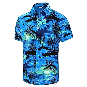 SheLucki Hawaiian Shirt for Men, Unisex Summer Beach Casual Short Sleeve Button Down Shirts, Printed Palmshadow Clothing Palm Tree Blue M