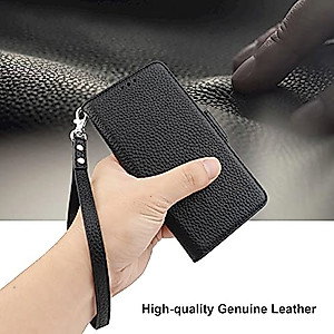 Bocasal Wallet Case for iPhone 14 Pro 5G, Genuine Leather Support Wireless Charging RFID Blocking Flip Case Card Slots Holder, Kickstand Book Folding Folio Cover with Wrist Strap 6.1 Inch(Black)