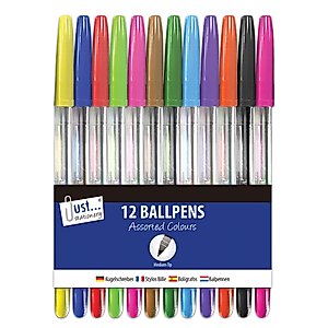 Just stationery 12 Multicoloured Ballpoint Pens, assorted colours, 15.5cm long by 1cm diameter