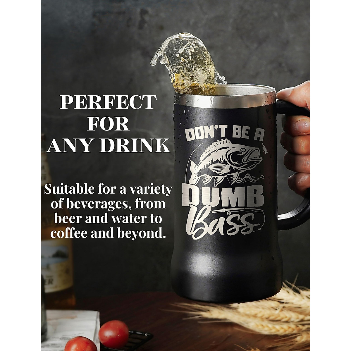 Onebttl Bass Fishing Gifts for Men, Stainless Steel Beer Stein Tumbler, 24oz Beer Mug with Lid for Father's Day, Christmas - Don't Be