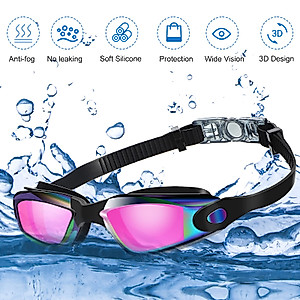 Macarrie 5 Pairs Swimming Goggles Adult Anti Fog Pool Goggles Kids No Leaking Swim Glasses with Ear Plugs Nose Clip(Plain Color)