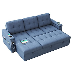 AMERLIFE 84 Inch Pull Out Couch, Tufted Sofa Bed with 2 USB Sockets & Cup Holders, L Shape Sectional Sleeper Sofa Bed with Storage Chaise- Linen Blue