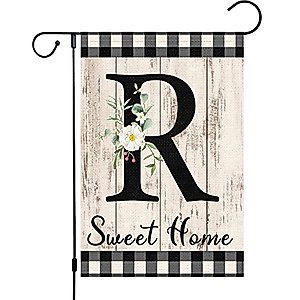 Monogram Letter R Initial Garden Flag 12x18 Double Sided Burlap, Small Vertical Welcome Initial Family Last Name Personalized Sweet Home Flag Outdoor Decoration (ONLY FLAG)