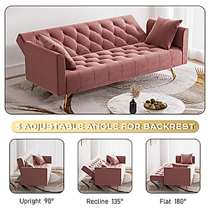 DAMAIFROM 71" Velvet Couch, Futon Sofa Bed, Sleeper Sofa with Adjustable Back, Loveseat,Mid Century Modern Couches with Folding Armrests for Living Room, Bedroom,Small Spaces (Rose Pink)