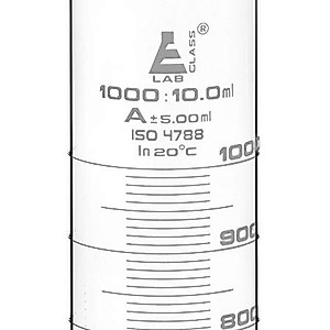 EISCO Graduated Cylinder, 1000ml - Class A Tolerance ±5.00ml - Round Base - White Graduations - Borosilicate 3.3 Glass