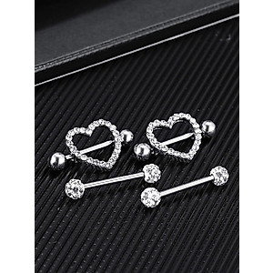 JOVITEC 2 Pairs Stainless Steel Nipple Ring CZ Barbell Rhinestone Nipple Studs for Nipple Tougue Body Piercing, 14 G (Silver)