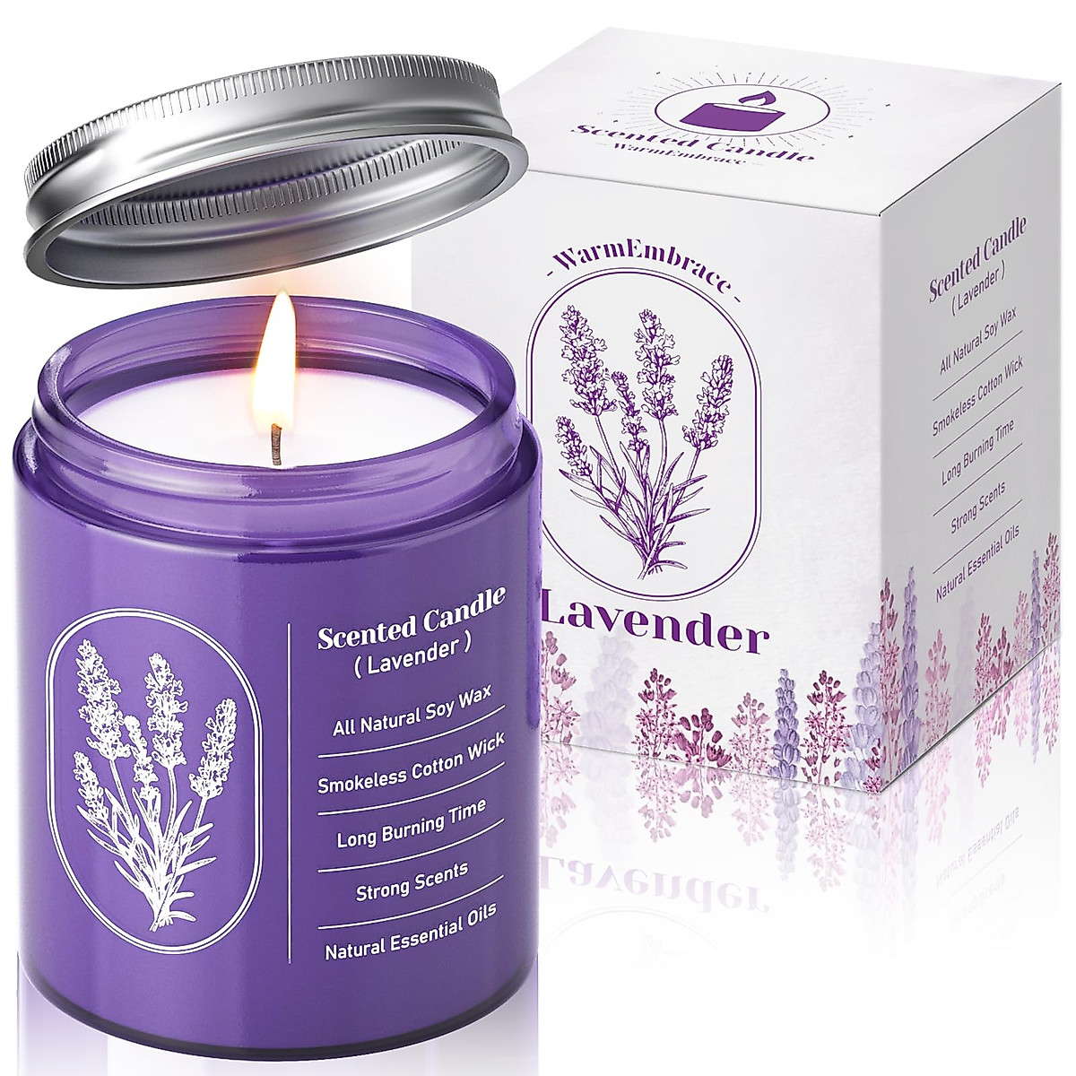 WarmEmbrace Lavender Candles for Home Scented, 7.6 oz Aromatherapy Candle, Purple Jar Candles, Natural Candles for Women, 40 Hour Long-Lasting Burn Scented Candles for Birthday - 1 Pack