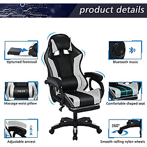 TBQATNTS Gaming Chair with Speakers,Led Gaming Chair,Ergonomic Pro Gaming Chair with Full Massage Lumbar Support Bluetooth Speakers Backrest Adjustable/Gaming Chairs for Adults,Black