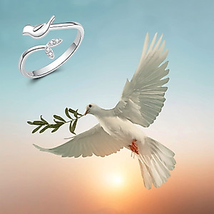 YLT 925 Sterling Silver Peace Dove Animal Jewelry Ring CZ Dove with Olive Leaf Adjustable Open bird of peace rings Gifts for Women Teens