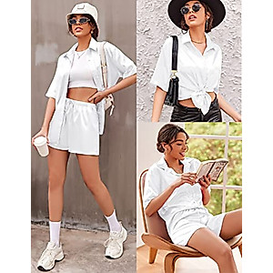 Ekouaer Silk Pajama Set Women's Pjs Satin Shirt and Shorts Two Piece Outfits Button Up Lounge Shorts Set White,Medium