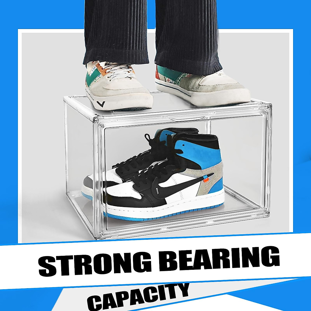 EDS FAM Shoe Boxes Crates Clear 14.1 * 10.6 * 9in Plastic Stackable Acrylic with Magnetic Door Storage for Sneakerheads Boot Display Case