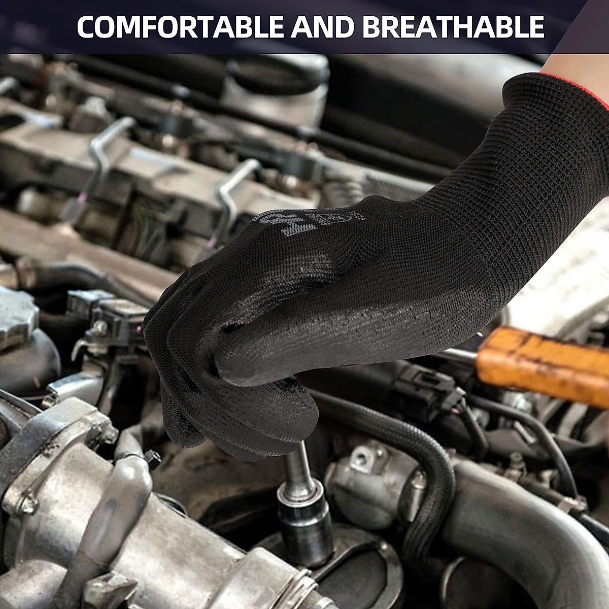 HPHST PU Coated Safety Work Gloves, 12 Pairs Work Gloves Mechanic Working Seamless Knit Glove for Men Women with Polyurethane Coated Smooth Excellent Grip on Palm&Fingers - Black (Large)