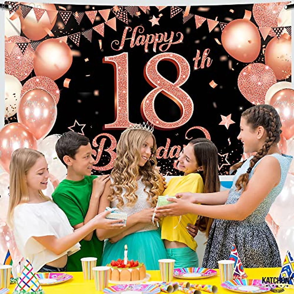 KatchOn, Rose Gold Happy 18th Birthday Banner - XtraLarge, 72x44 Inch | Rose Gold 18th Birthday Backdrop | 18 Birthday Banner for Rose Gold 18th Birthday Party Decorations | 18 Birthday Decorations