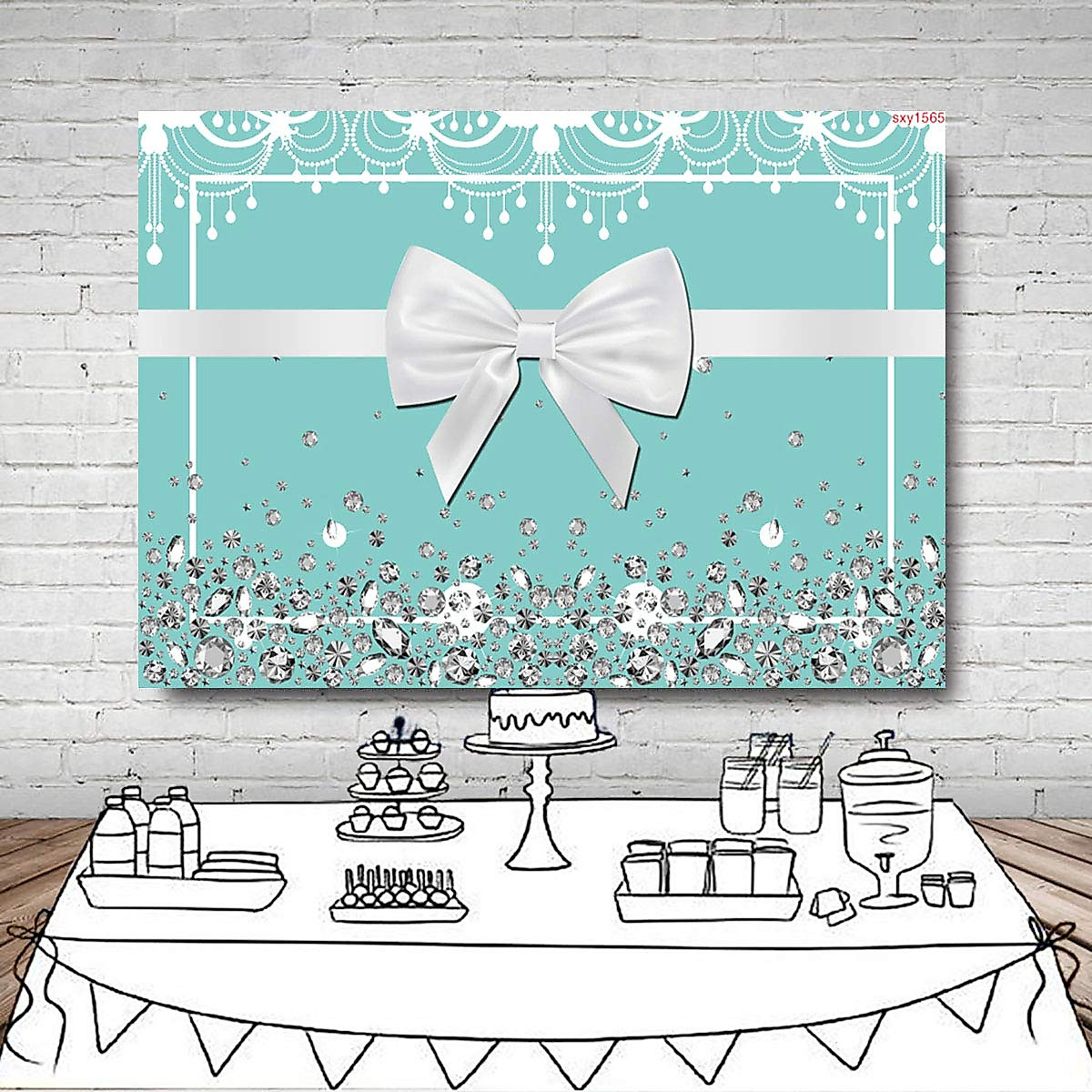 Sensfun Breakfast Blue Sweet 16 Birthday Backdrop Diamonds Bowknot Bridal Breakfast Party Photography Background for Women Girl Teal Turquoise Birthday Baby Shower Decorations Photo Booth Banner 7x5ft