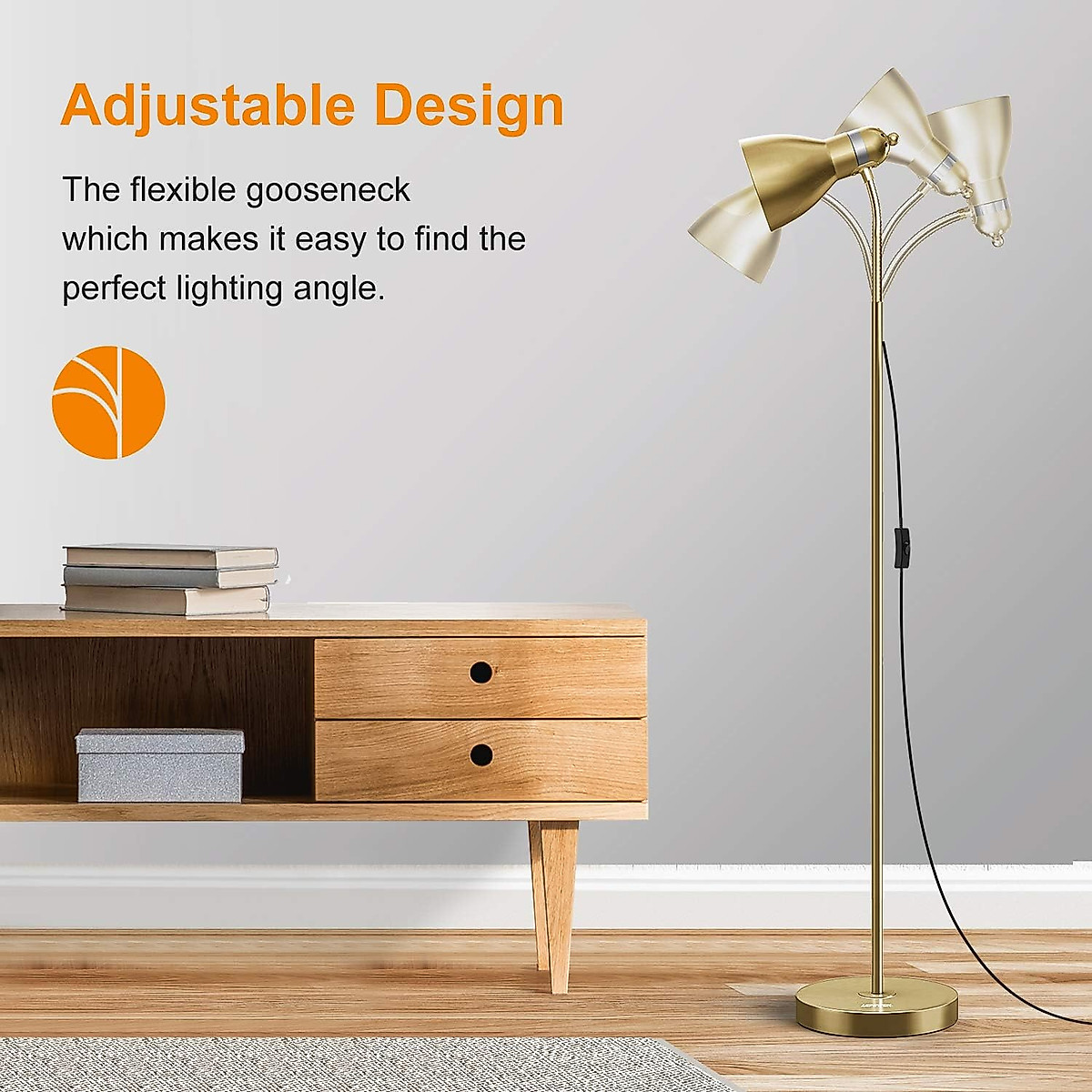 LEPOWER Floor Lamp, Metal Standing Lamp with Adjustable Gooseneck, Heavy Metal Base, Reading Pole Lamp for Office, Golden Floor Lamps for Bedroom, Living Room