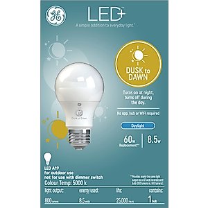 GE Lighting LED+ Dusk to Dawn Outdoor Light Bulb, Sunlight Sensor, Soft White, Automatic On/Off Light Sensing Bulb A19 Light Bulb (1 Pack)