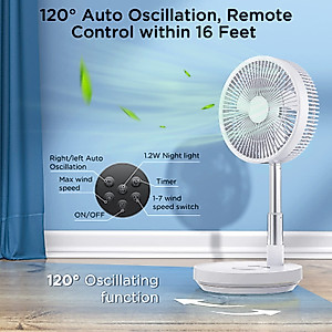 Primevolve 10 inch Oscillating Fan, Battery Operated Fan Adjustable Height, USB Rechargeable Home Office Outdoor Camping Tent Travel, White