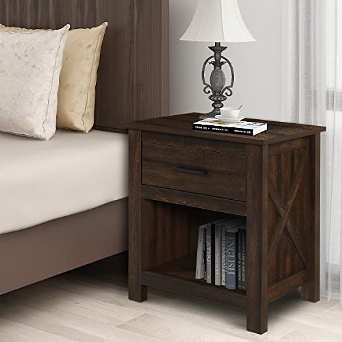 Vikiullf Farmhouse Nightstand-Wooden,Night Stand for bedroom,Bedside Table with 1 Drawer for Bedroom, Open Cabinet & Sliding Drawer, Espresso 1-Drawer (2 Pieces)