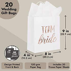 Juvale 20 Pack Bride and Groom Gift Bags with Tissue Paper for Wedding, Groomsmen, Bridesmaid, Reads Team Bride and Team Groom (8 x 4 x 9 In)