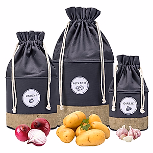 MERAKI HOME Potato Onion Garlic Storage Containers - Farmhouse Kitchen Storage Organization Pots - Sustainable Jute Cotton Vegetable Baskets Bins - Drawstring Holder