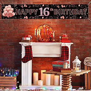 Pimvimcim Large Happy 16th Birthday Banner Sign - Rose Gold 16th Birthday Decor for Girls Party Decor Supplies Photo Booth Backdrop(9.8x1.6ft), Rose gold 16th birthday banner(9.8x1.6ft)