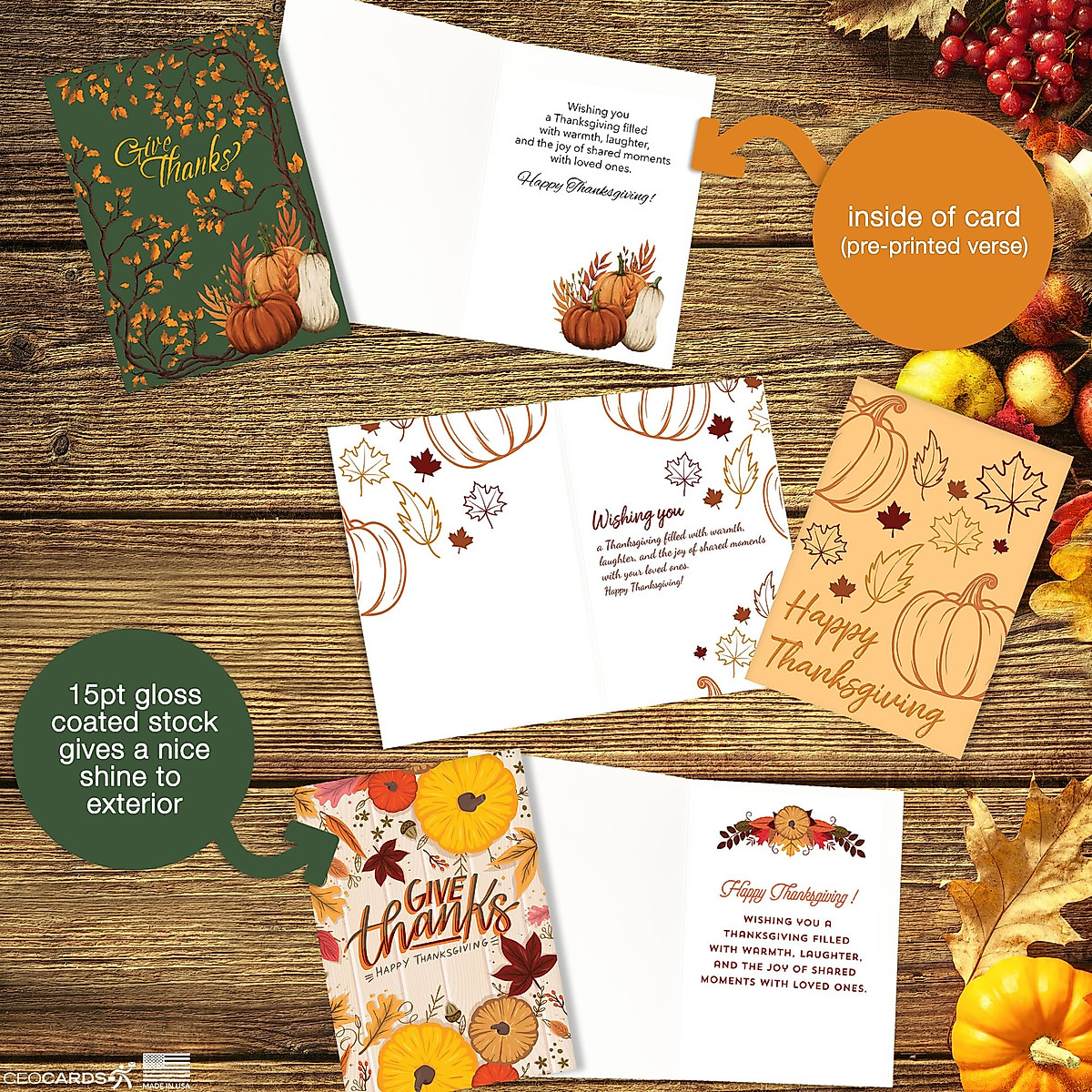 Thanksgiving Cards for Business & Family (Variety Pack of 5 Designs of Thanks) Greeting Card Set Pack of 20 Thanksgiving Cards with Envelopes (5x7 inch - A7) Office, Work, Employees & Clients VP2403