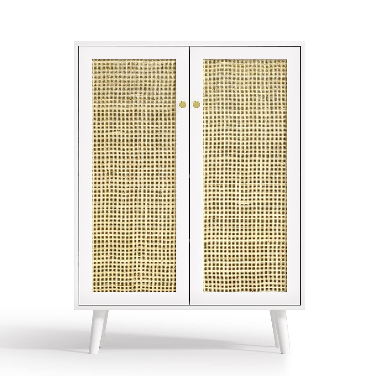 Anmytek Rattan Cabinet, 44" H Tall Sideboard Storage Cabinet with Crafted Rattan Front, Entryway Shoe Cabinet Wood 2 Door Accent Cabinet with Adjustable Shelves White, H0086