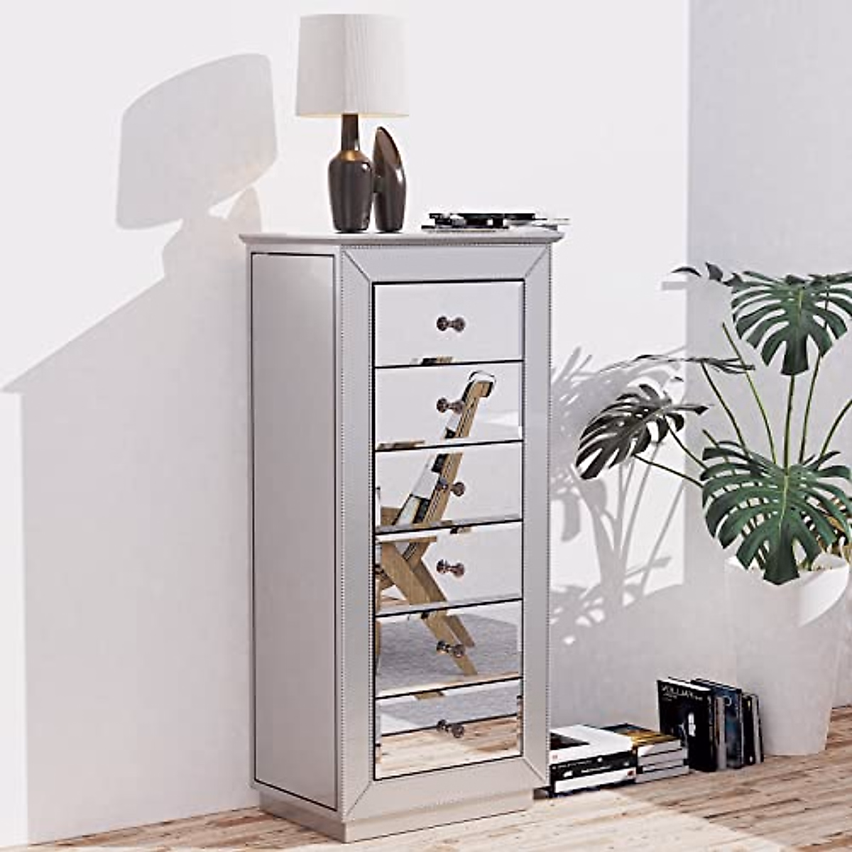 Bedroom Living Room Vertical Filing Cabinet, 6 Drawers,Jewelry Armoire With Silver Mirrored, & 16 Necklace Hooks, 2 Side Swing Doors