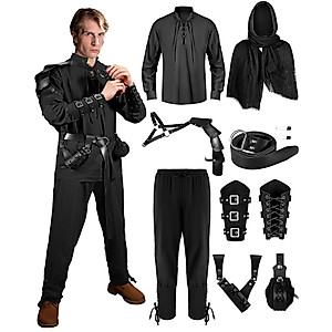 Panitay 8 Pcs Halloween Men's Renaissance Costume Set Medieval Viking Shirt Pant Belt Cape Bracer Sword Bag(Large,Stylish Color)