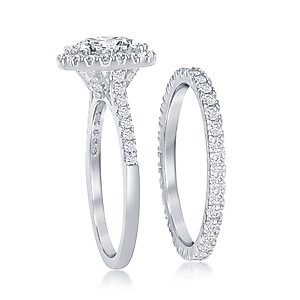 Silvertone Simulated Brilliant Diamond CZ 2.00ct Round Halo Engagement Ring and Band Set (Size 9)