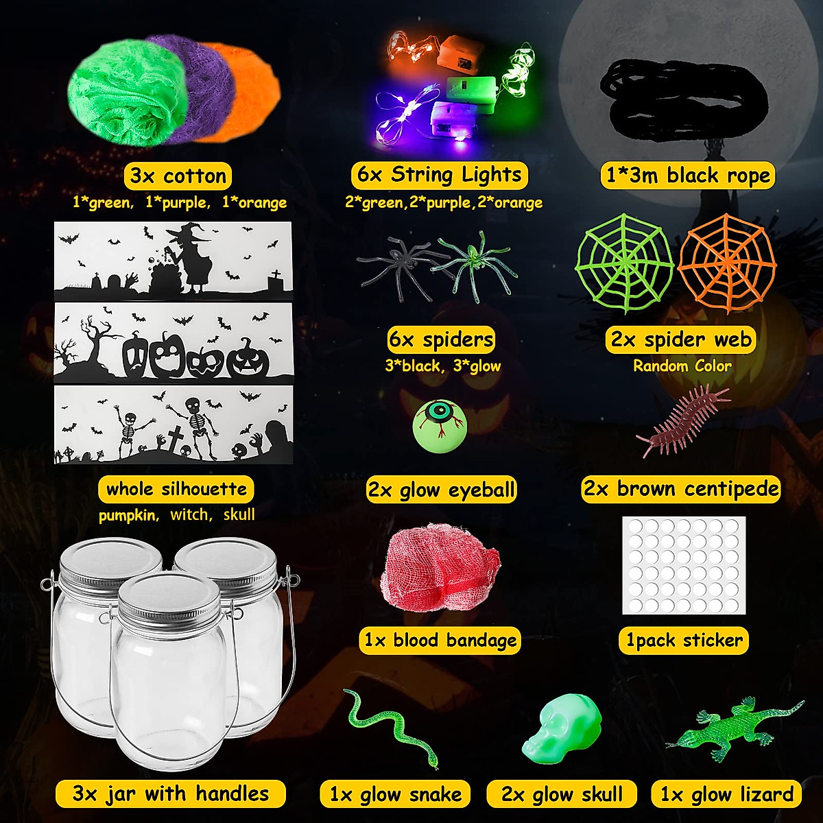 ShyLizard 3Pack Halloween Crafts for Kids, Halloween Mason Jar with Accessories, Halloween DIY Arts and Crafts Kits, Halloween Art Activities for Kids Age 3 4 5 6 7 8 9 10 Years, Halloween DIY Crafts