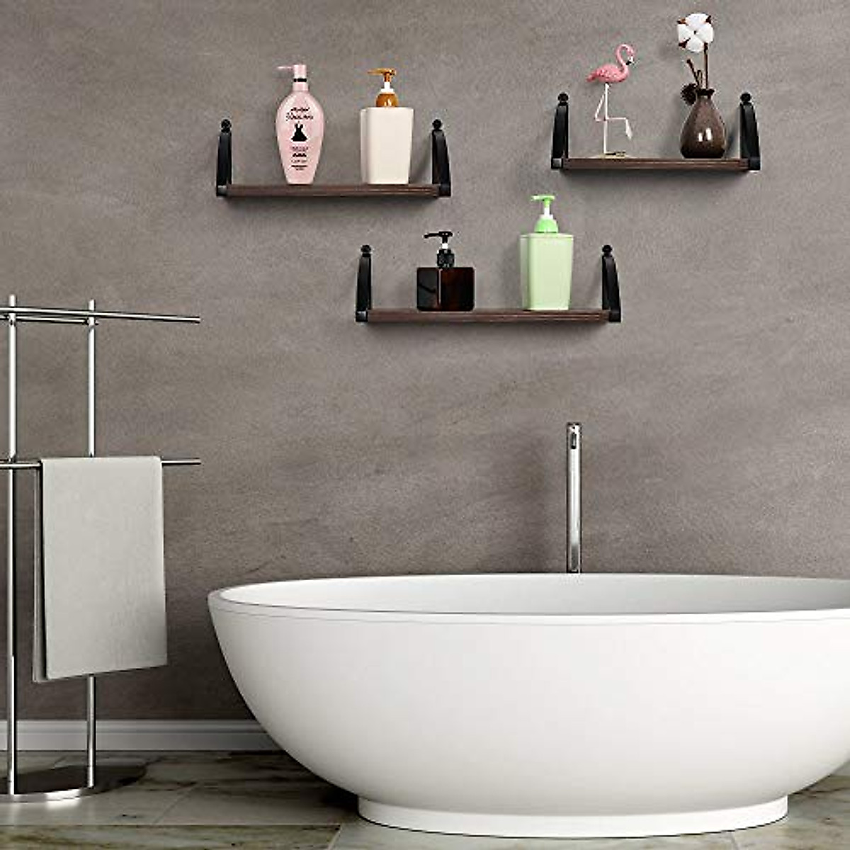 SHINOSKE Floating Shelf, Natural Wood Floating Shelves 3-Piece Set, Decorative Storage Shelves with Metal Brackets, Suitable for Living Room, Bathroom, Kitchen, Study(Brown)