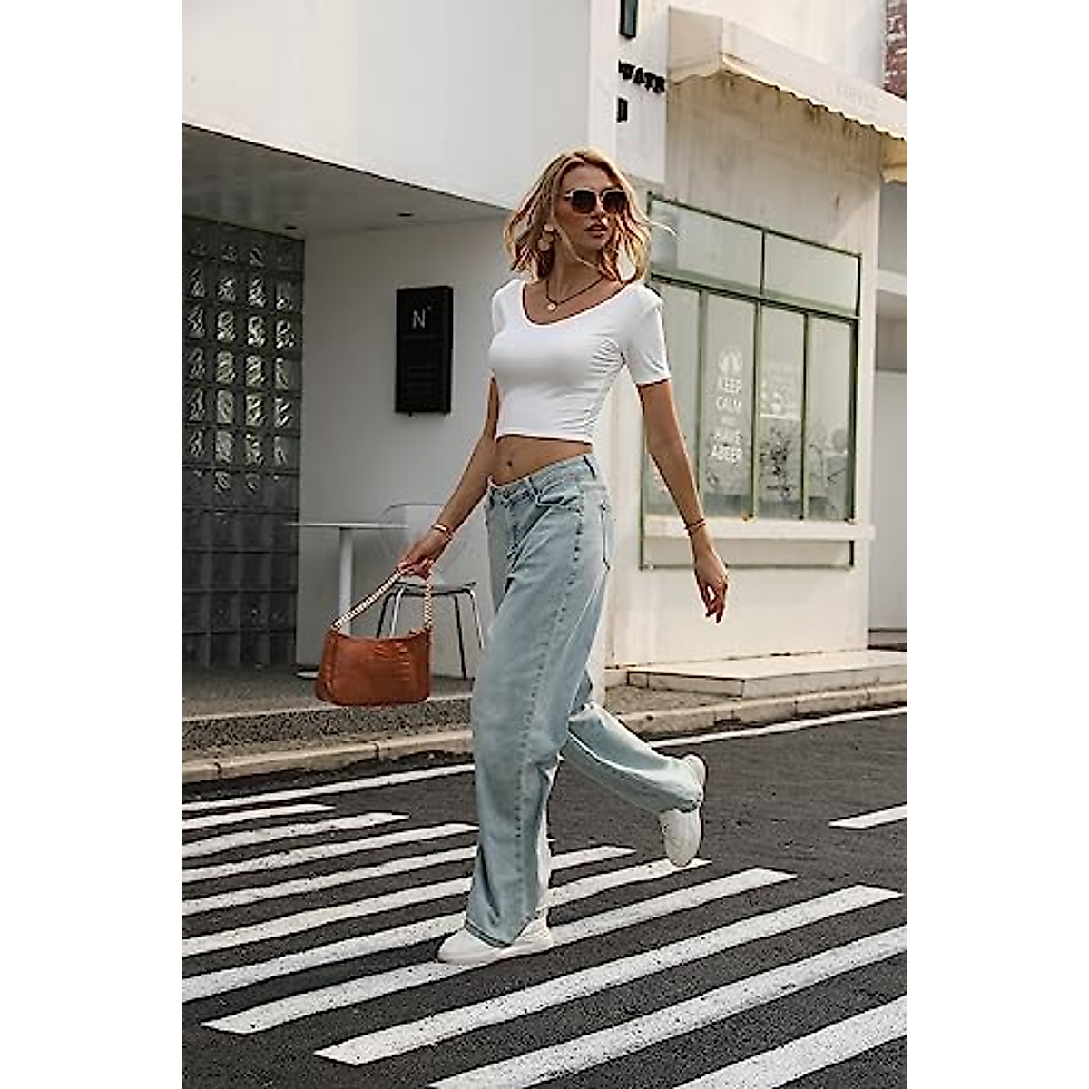 GIISAM Women's Baggy Jeans Disstressed Destroyed Vintage Pants Loose Wide-Leg High Waist Light Blue Denim Trousers