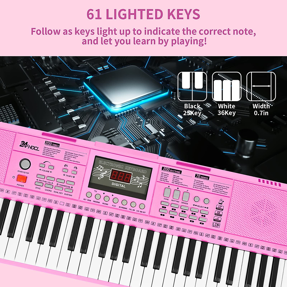 24HOCL 61 Key Premium Electric Keyboard Piano for Beginners with Stand, Built-in Dual Speakers, Microphone, Headphone, Stand & Display Panel (Pink)