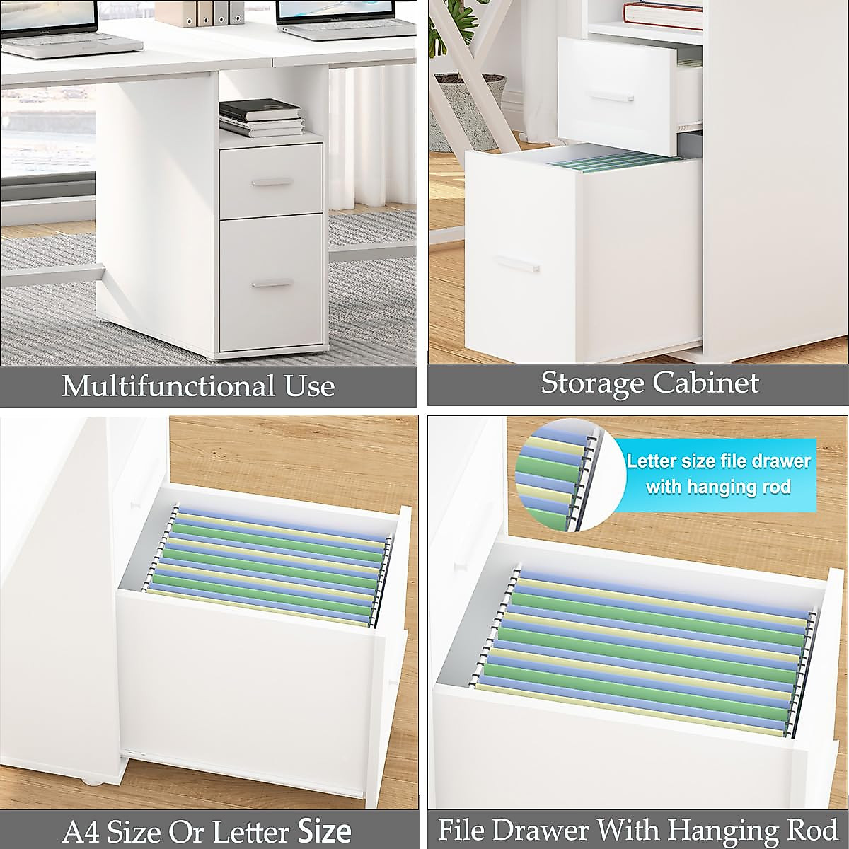 LVB Large 2 Person Desk, Modern White Computer Desk with File Cabinet, Extra Long Workstation Double Desk with Storage Shelf, Industrial PC Writing Study Dual Executive Office Desk with Drawer, 79 in