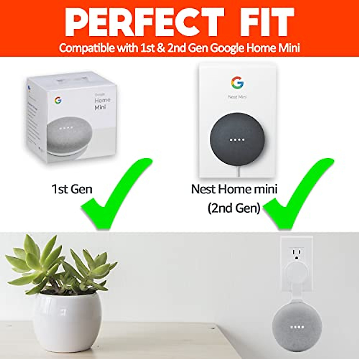 AMORTEK Outlet Wall Mount Holder for Google Nest Mini (Home Mini 2nd Gen and 1st Gen), A Space-Saving Accessories for Google Nest Mini Voice Assistant 2nd Generation (White)
